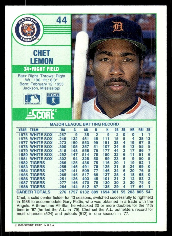 1989 Score Baseball Card Chet Lemon Detroit Tigers #44 | eBay