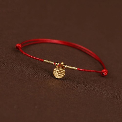 Real 24K Yellow Gold Bracelet Small 3D Blessing Charm Bead Red String ...
