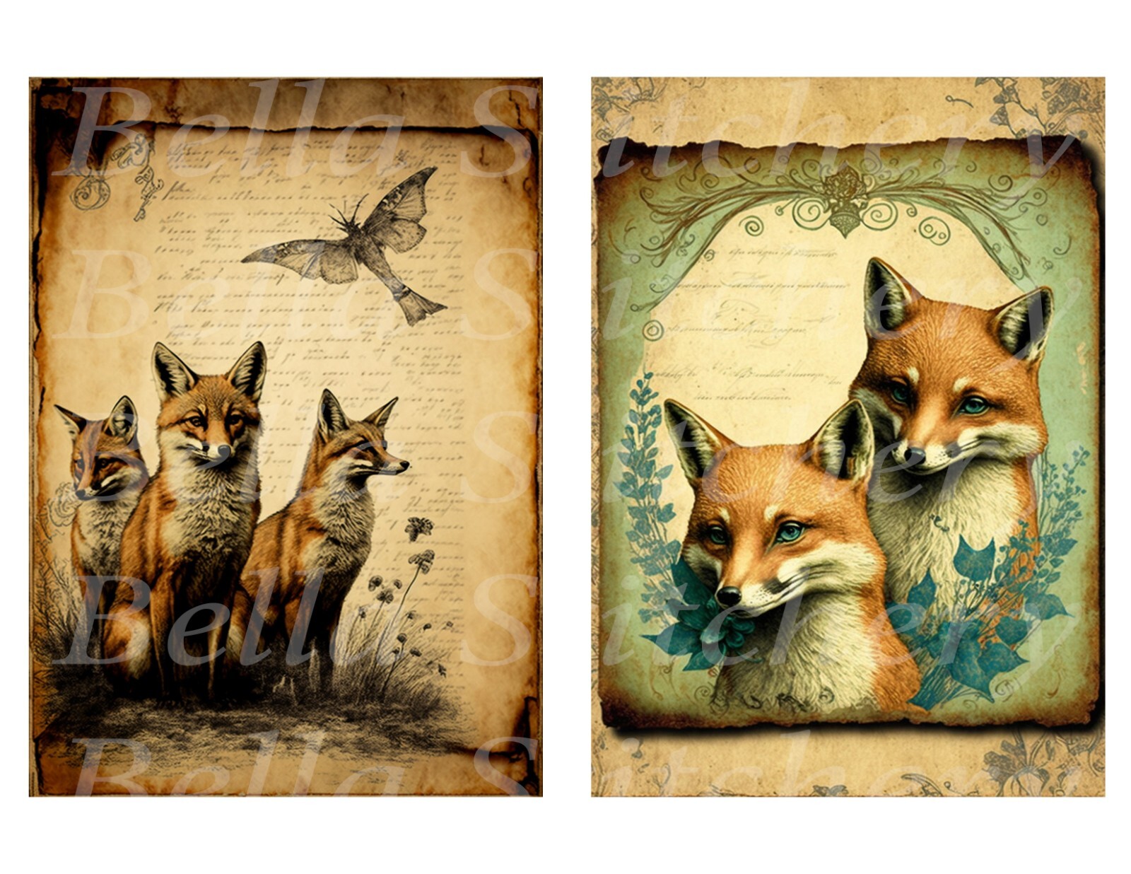 Set of TWO 5x7 Gothic Magic Fox Ephemera #3 Collage Quilt Cotton FABRIC ...