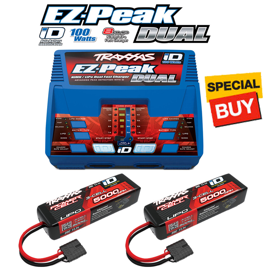 Traxxas 5000mAh 11.1v Power Cell 3S 25C LiPo Batt (2) w/ EZ-Peak Plus ...