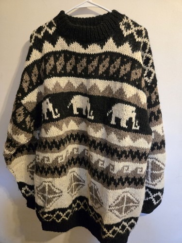 Vintage Hand Knit Nepal SKI Sweater XL Men Chunky Wool Black Cream Gray ...