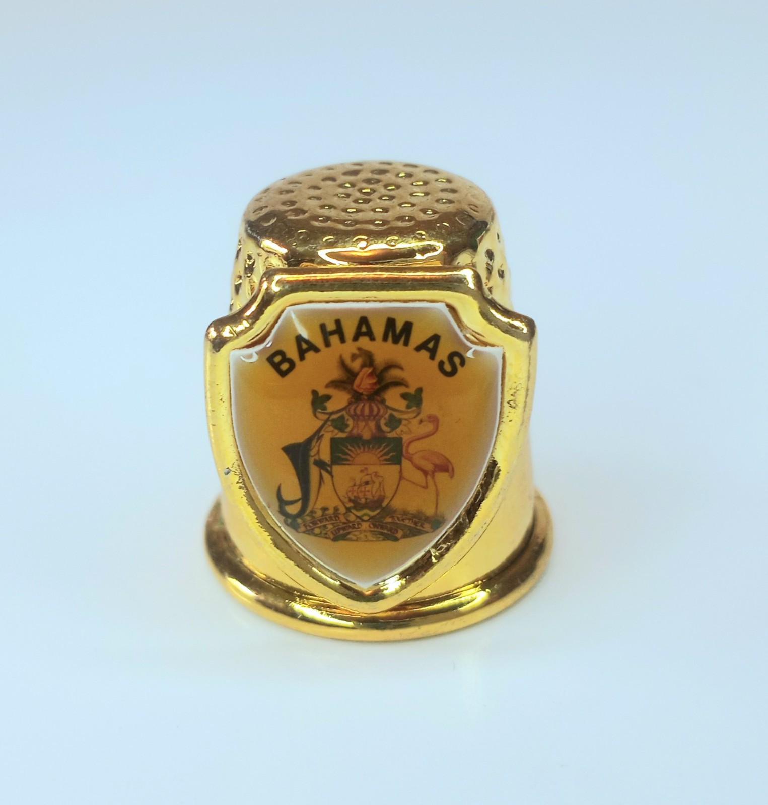 Bahamas Coat of Arms Crest Gold Tone Souvenir Travel Thimble Flamingo ...