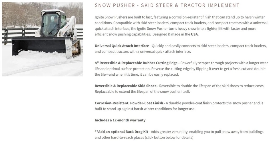 NEW 7ft Ignite SNOW PUSHER Skid Steer QA (Heavy Duty Made in USA) FREE ...