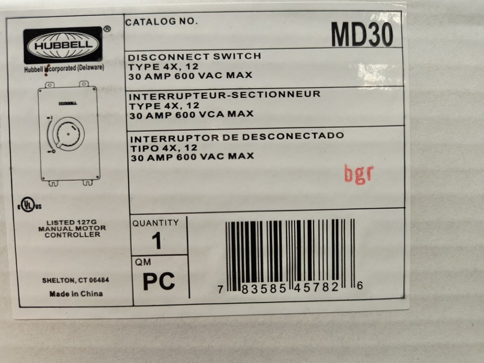 Hubbell MD30 30A Motor disconnect switch similar like HBLDS3 New in a ...