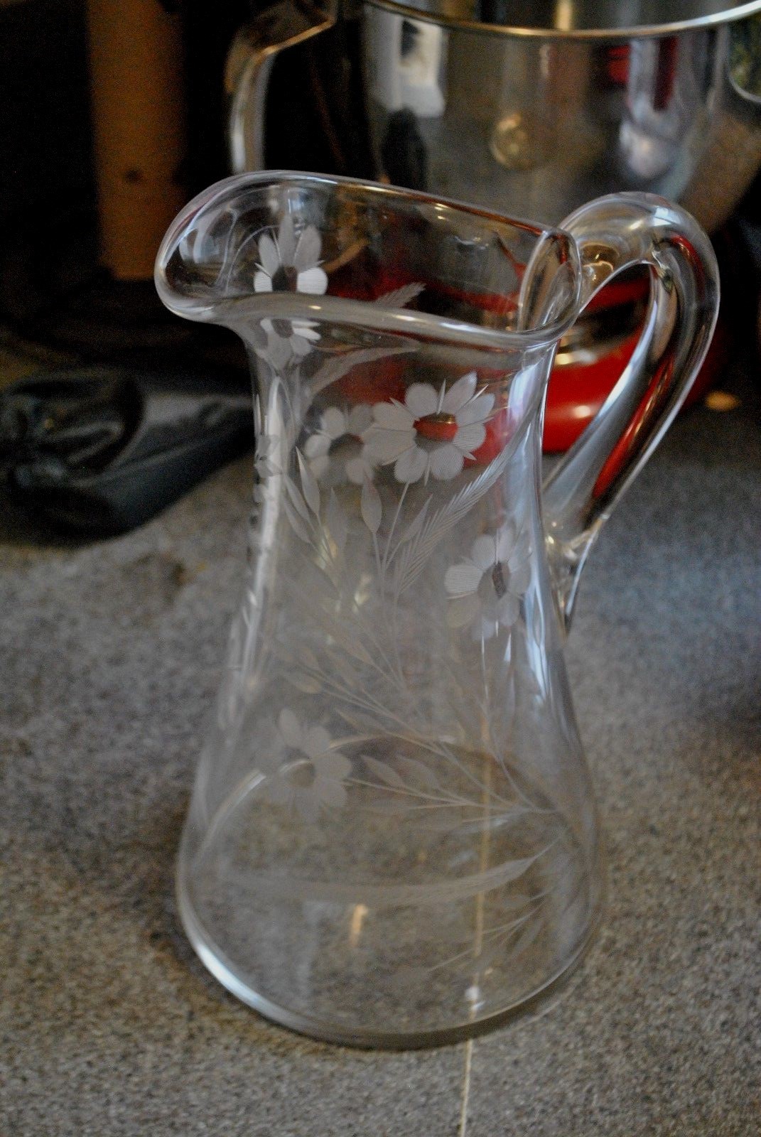 Vintage Clark Crystal Pitcher with Etched Flowers - Signed | eBay