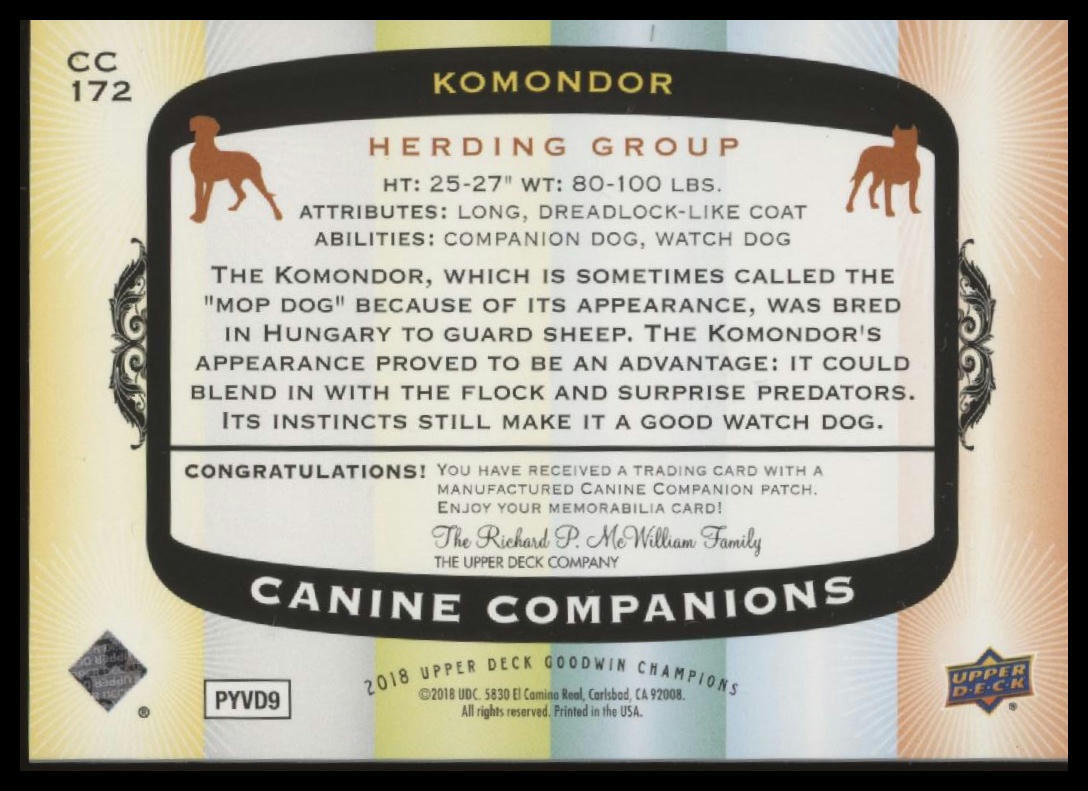 2018 Upper Deck Goodwin Champions #CC172 Komondor Canine Companions ...