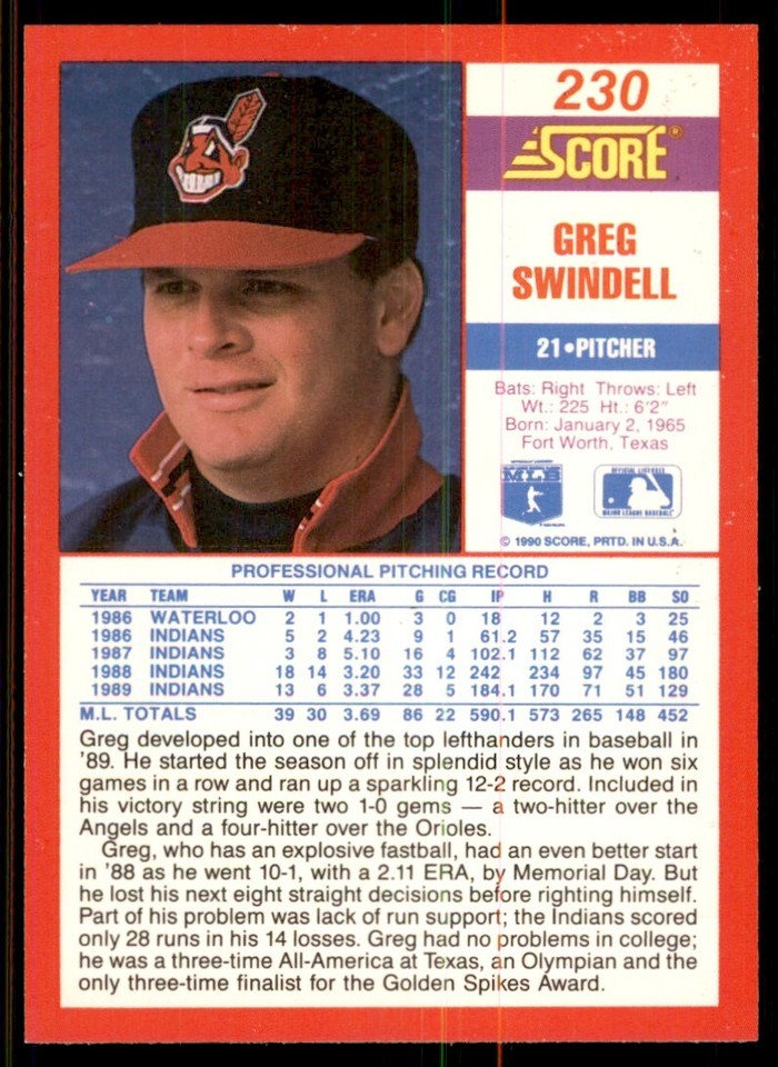 1990 Score Greg Swindell Baseball Cards #230 | eBay