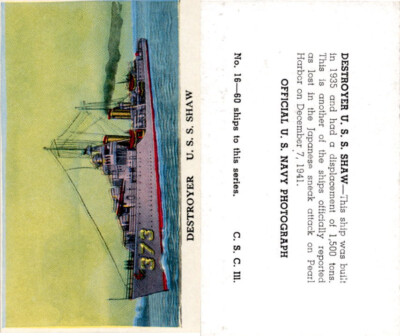 R169 Cameron Sales, Warships, 1942, #16 Destroyer USS Shaw | eBay
