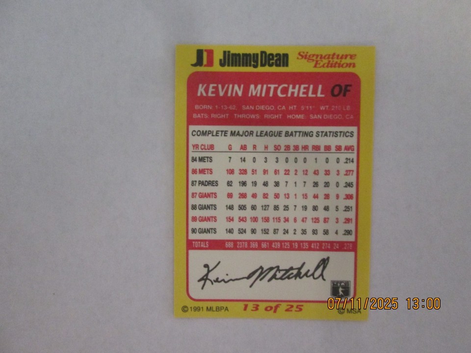 KEVIN MITCHELL GIANTS 1991 JIMMY DEAN SIGNATURE EDITION CARD #13 FREE ...