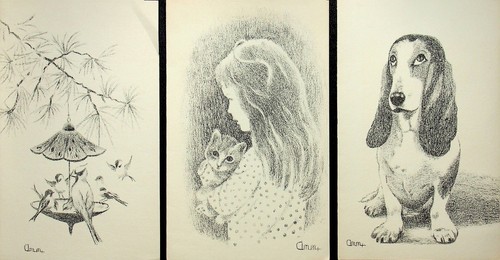 Three Vintage ANN ADAMS Blank Cards Assorted Art Pencil Sketches - E19 ...