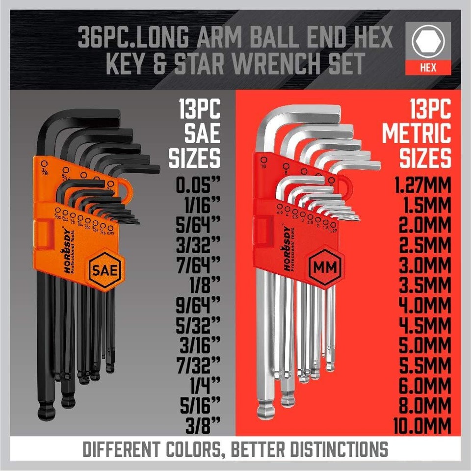 36 PC Long Arm Ball End Hex Key Allen Wrench Set Inch Metric Star With ...