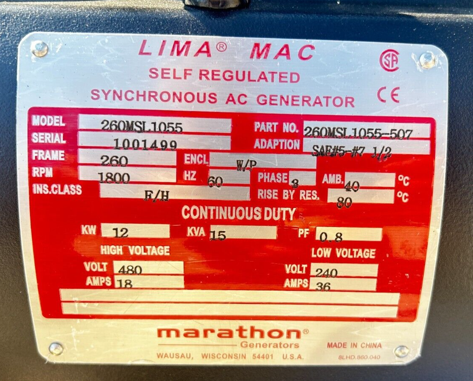 Lima MAC AC Generator 12KW, model 260MSL1055 | eBay