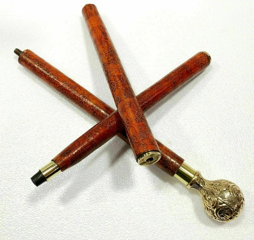 Antique Brass Ball Designer Handle Leather Wraped Walking Stick Cane ...