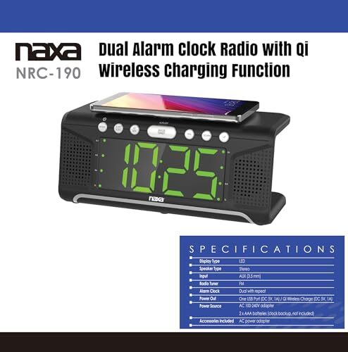 Electronics NRC-190 Dual Alarm Clock with Qi Wireless Charging Function ...