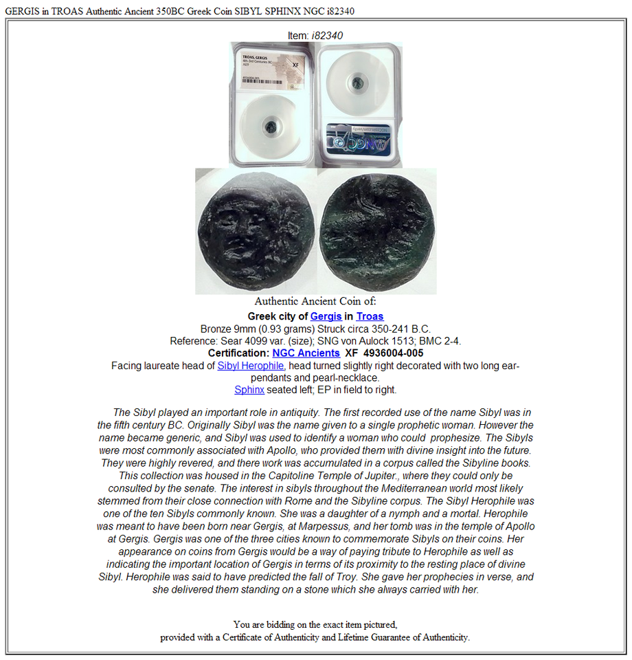 GERGIS in TROAS Authentic Ancient 350BC Greek Coin SIBYL SPHINX NGC ...
