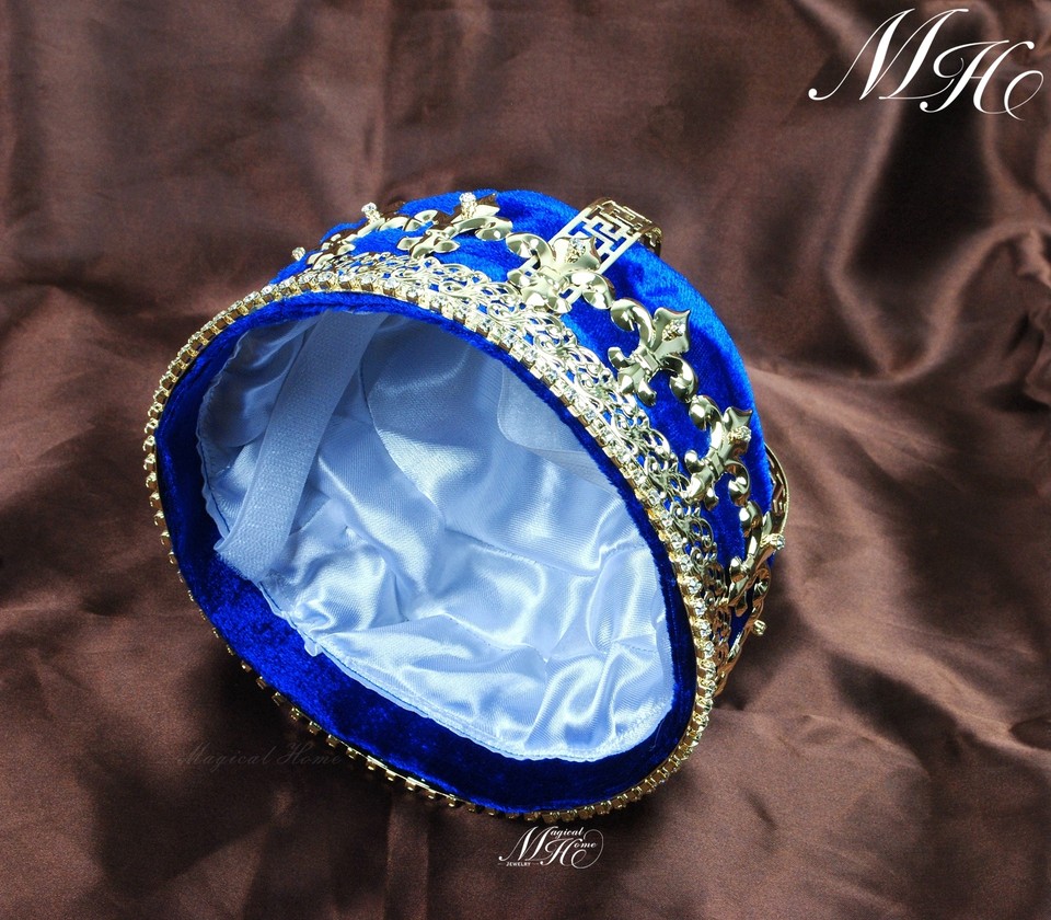 Blue Velvet Crown Imperial Medieval Tiara Diadem For Men Pageant Party ...