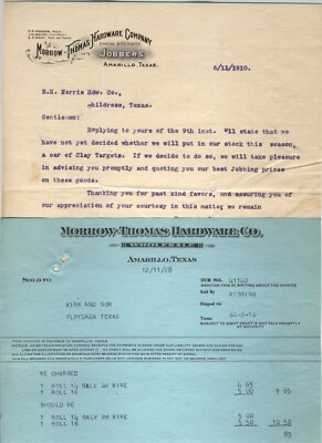 1910 1928 LETTERHEAD & BILLHEAD AMARILLO TEXAS, MORROW THOMAS HARDWARE ...