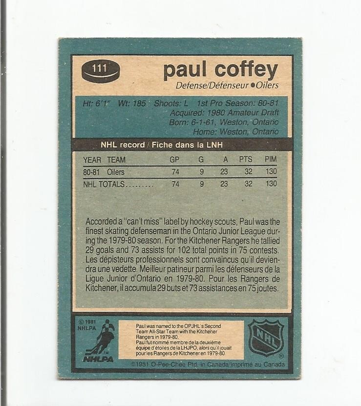 1984-85 PAUL COFFEY O-PEE-CHEE HOCKEY CARD #111 ROOKIE "NICE" | eBay