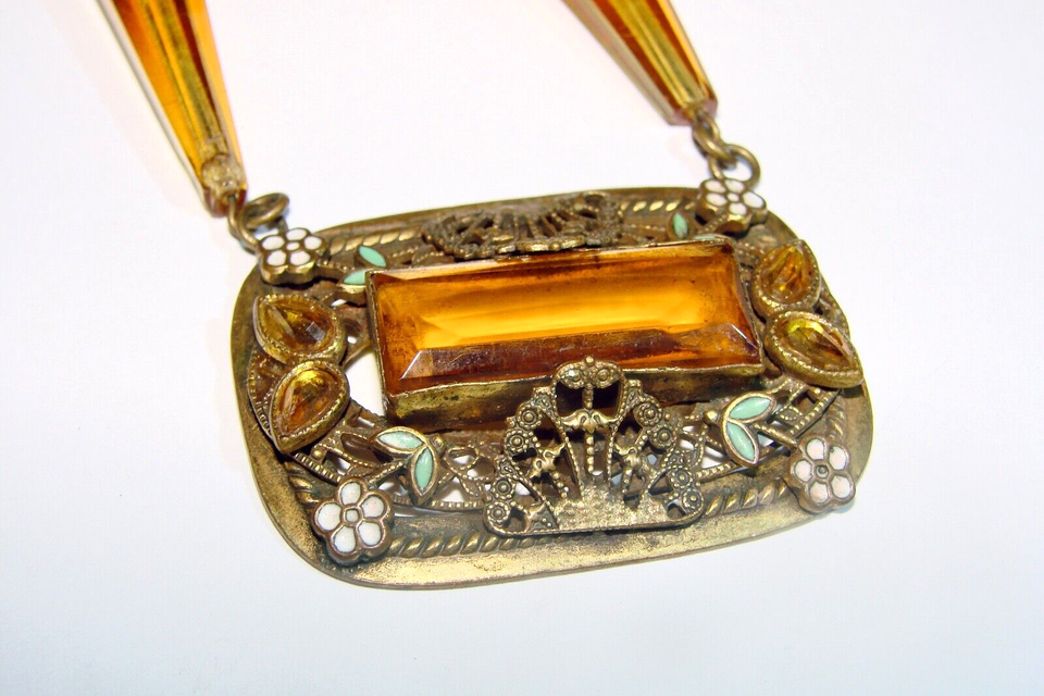 VINTAGE MAX NEIGER CZECH GLASS FLOWER ENAMEL FAUX CITRINE PENDANT ...