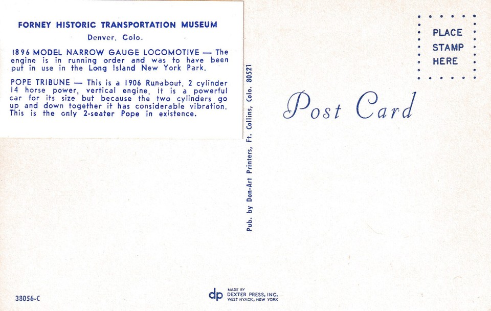 1896 Narrow Gauge Locomotive 1906 Pope-Tribune Runabout Forney ...