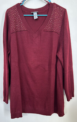 Catherines Rhinestone Beaded Sweater Shimmer Burgundy Red V Neck Sz 2X ...