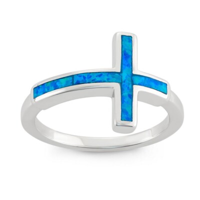 Sterling Silver Blue Inlay Opal Cross Ring | eBay