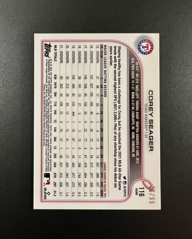 2022 Topps Chrome Gilded COREY SEAGER Gold Etch 36/99 Card #116 - Texas ...