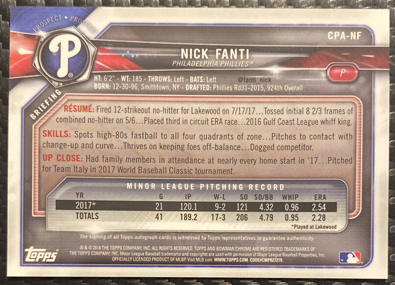 2018 Bowman Chrome Prospects Nick Fanti 1st Bowman Auto Phillies | eBay