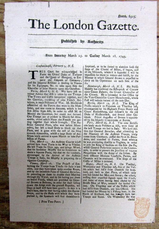 1745 LONDON GAZETTE England newspaper w RED HALFPENNY TAX STAMP onThe ...