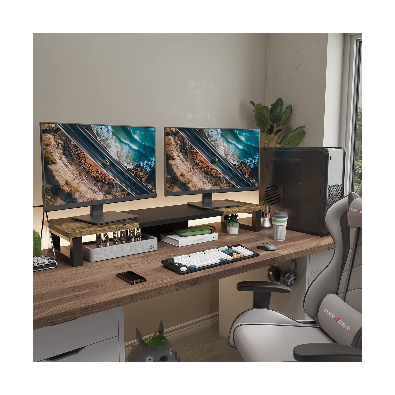 WESTREE Dual Monitor Stand Riser, Sturdy Wood & Steel Computer Monitor ...