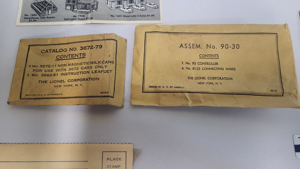 LIONEL POSTWAR PARTS - PACKETS, INSTRUCTION SHEETS, BOX PART, ETC (HB62 ...