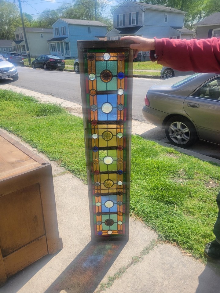 1 c.1870 Antique American Stained Glass Transom Window, w 32 roundels 7 ...
