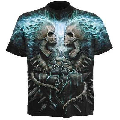 Blue Flame Skeleton T-Shirt – Dual Skull & Spine 3D Print – Gothic ...