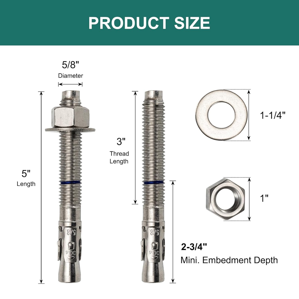 5/8" X 5" Concrete Anchors (4 Pack) 5/8 Inch Wedge Anchors Bolts ...