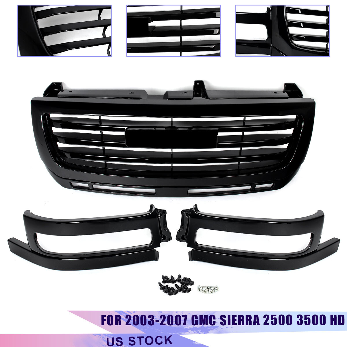 2003-2007 GMC Sierra 2500HD 3500HD Gloss Black Front Upper Grille Grill ...