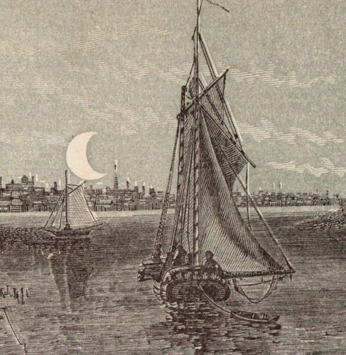 1879 Moonlight Reception Harbor Scene Crescent Moon Sailboat P60 | eBay
