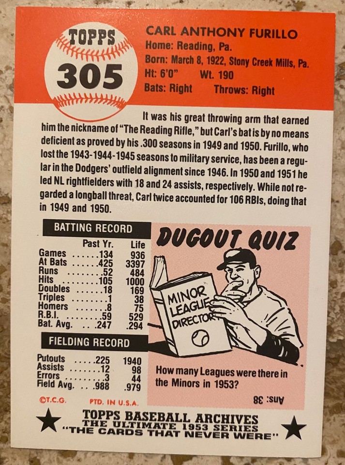 Carl Furillo Brooklyn Dodgers Baseball Card Topps Archives 1953 Series ...