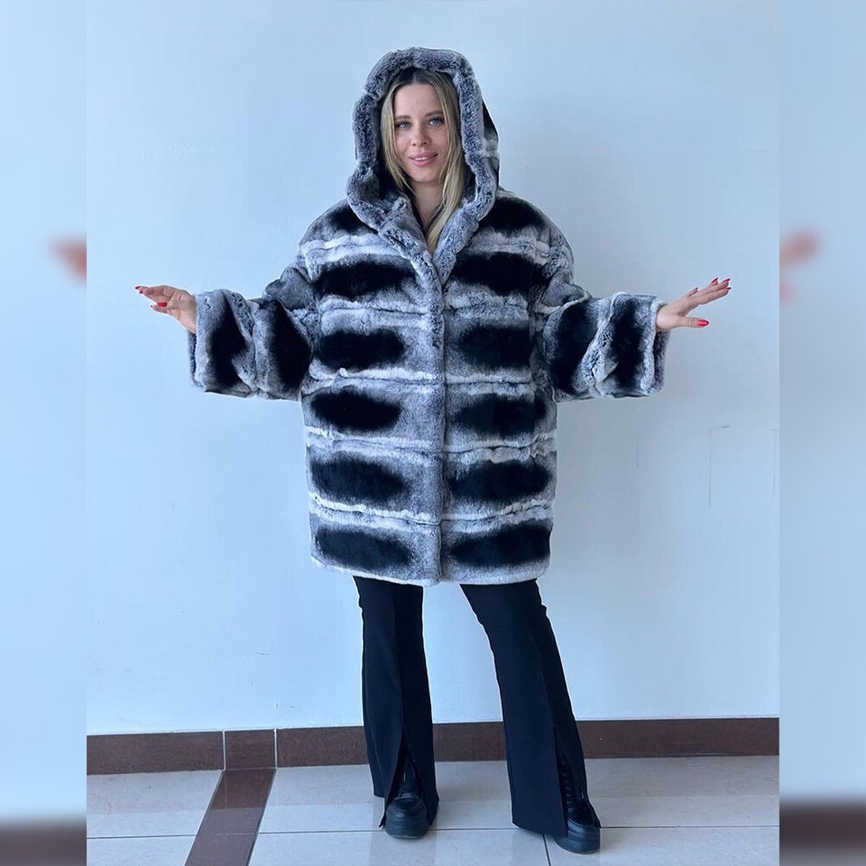 Luxury Real Rex Rabbit Fur Hood Coats Women Mid-length Chinchilla ...
