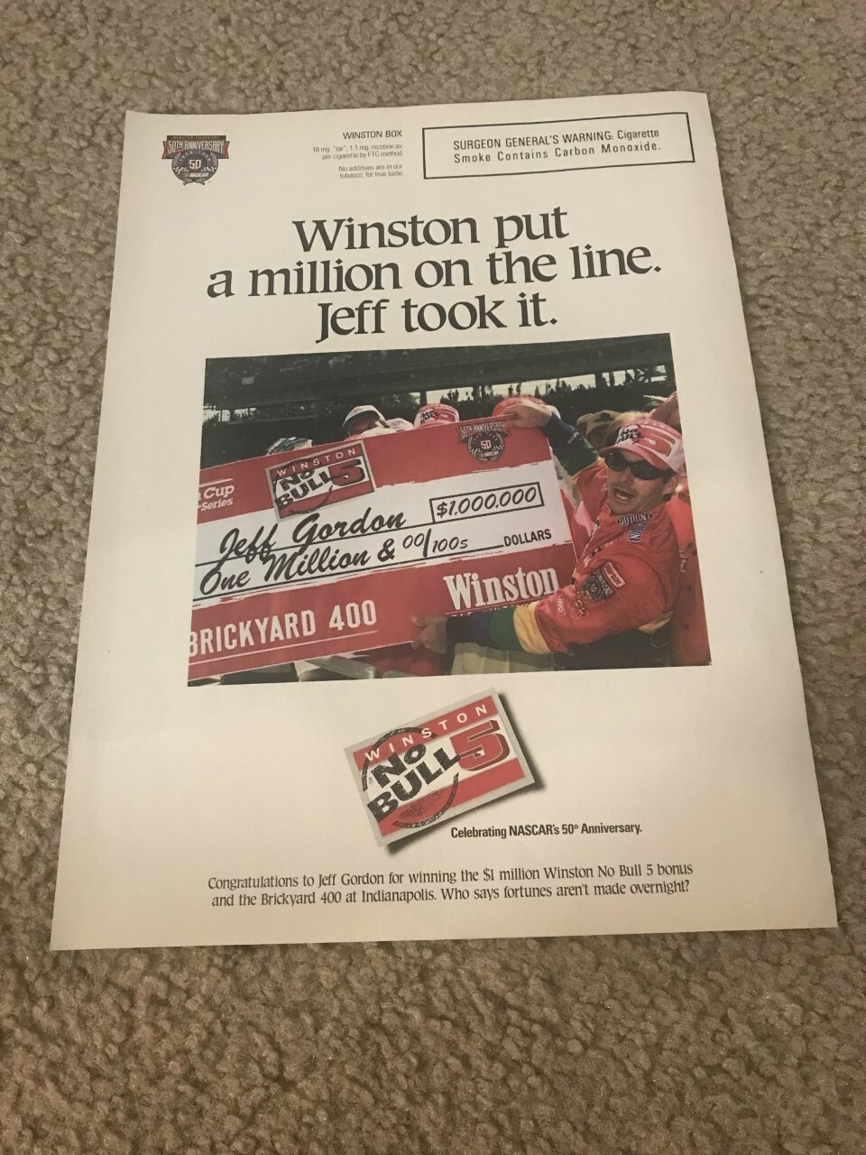 1998 NASCAR WINSTON NO BULL RACE SERIES Poster Print Ad JEFF GORDON | eBay