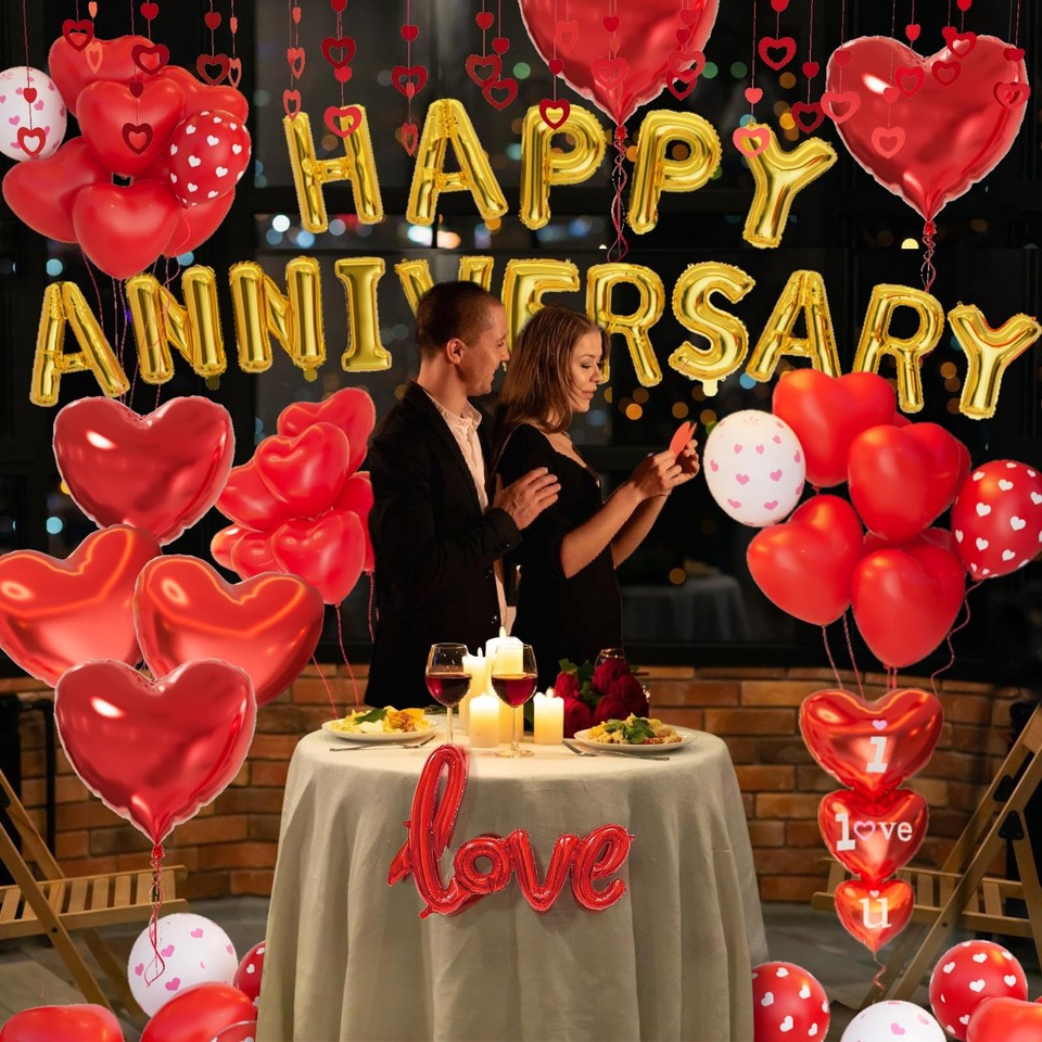 Happy Anniversary Decorations, Red Heart Balloons, Happy Anniversary ...