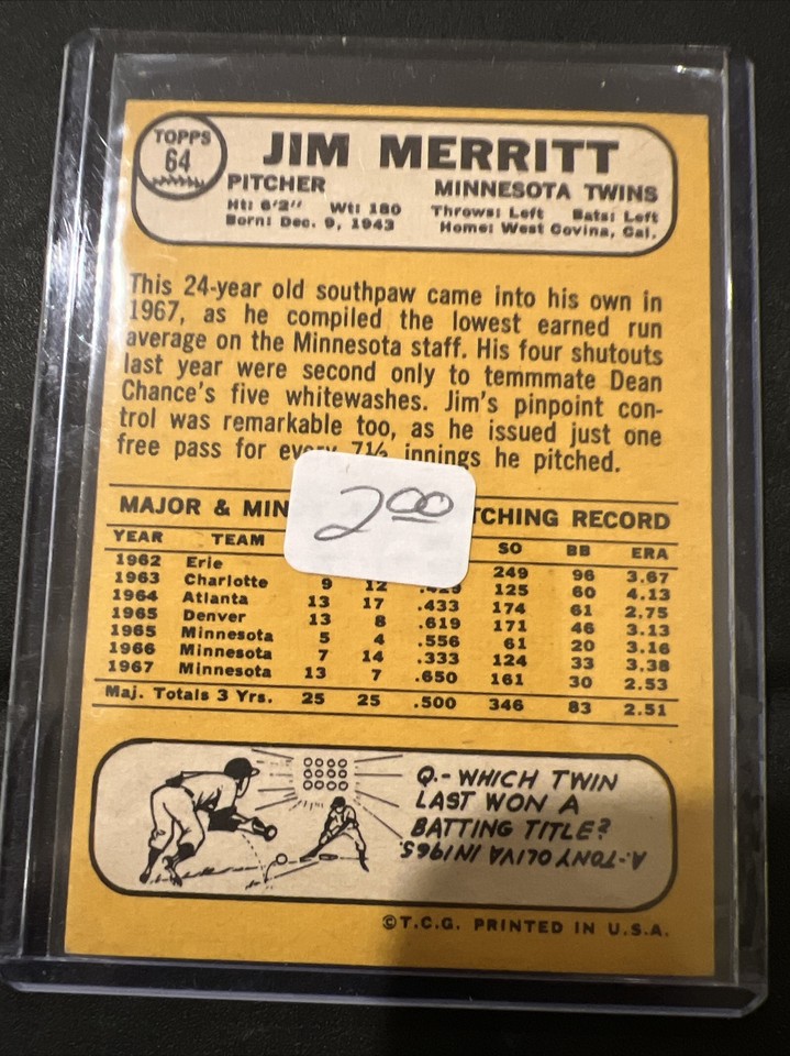 1968 Topps Baseball Card #64 Jim Merritt - Low To Mid Grade - G/VG! | eBay