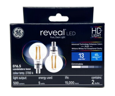 (2 bulbs) GE reveal LED G16.5, candelabra base, 5 watt, 500 lumen, 60 ...