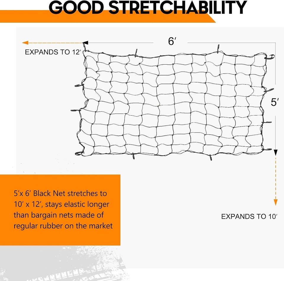 6' x 5' Heavy Duty Bungee Cargo Net Stretches to 12' x 10' - Latex 70 ...