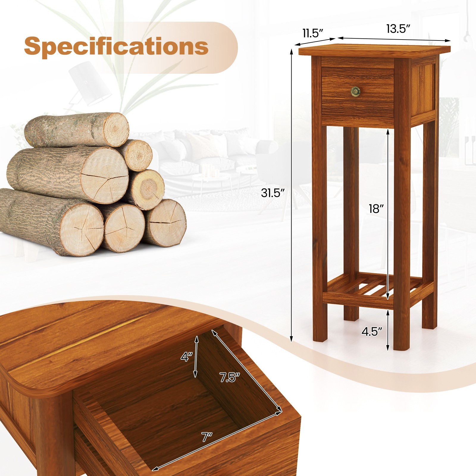 2PCS Solid Wood Side Table w/ Acacia Wood Top Drawer & Open Shelf Small ...