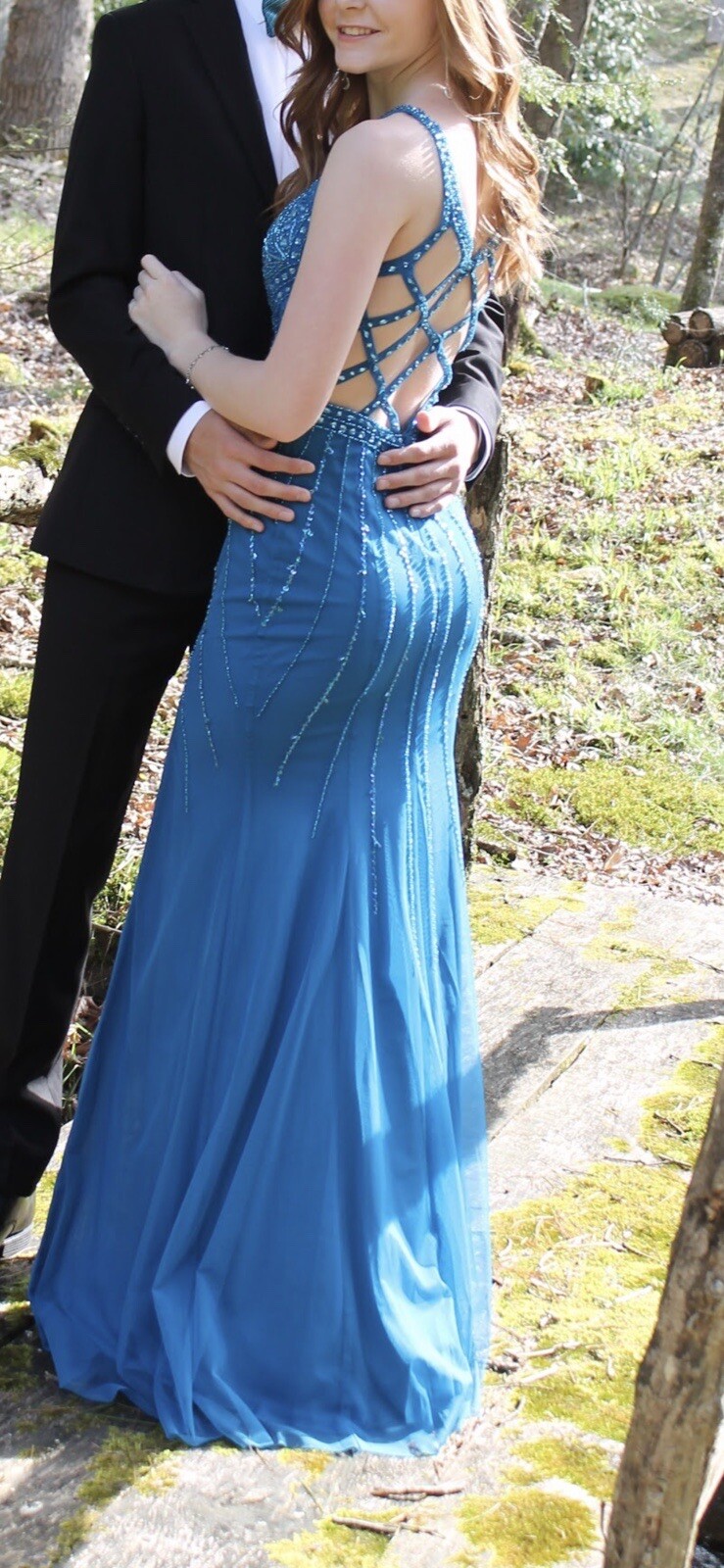 SEAN Collection Blue Prom Dress Based With Slit - Gem