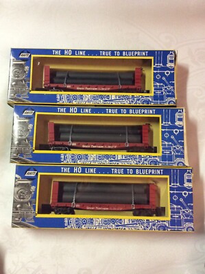 AHM HO Scale Train Bulkhead Flat Car Pipe Load Great Northern X 3 Lot ...