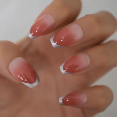24 Ombre Peach glaze silver rim tip medium press on nails glue on kit ...