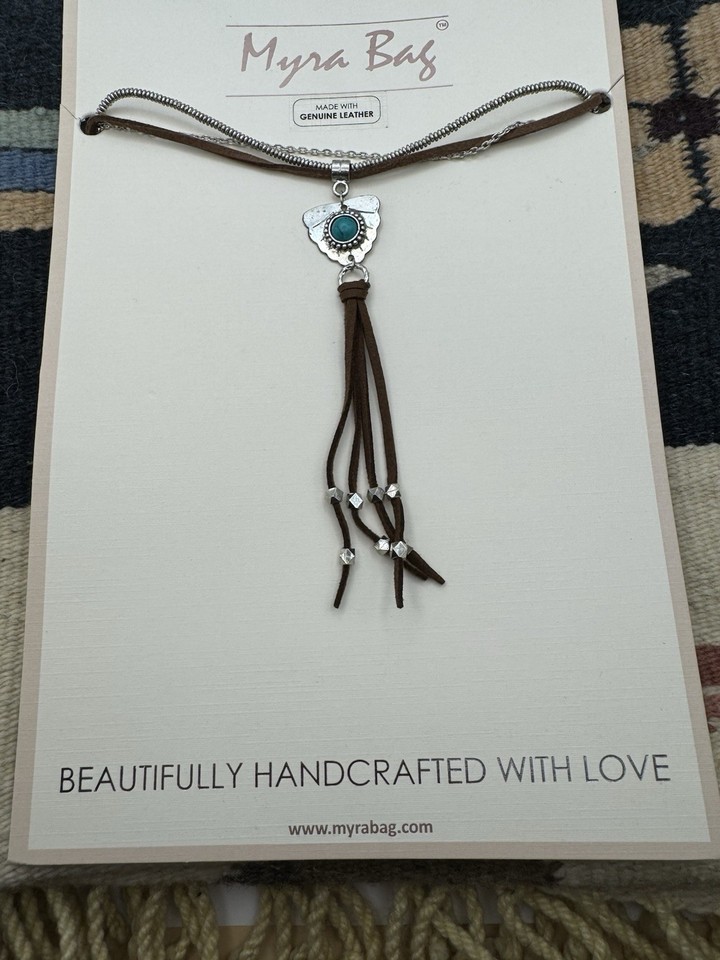 Myra Bag “Feather Shield Stacked Necklace” Leather & Metal Chain NWT 24 ...