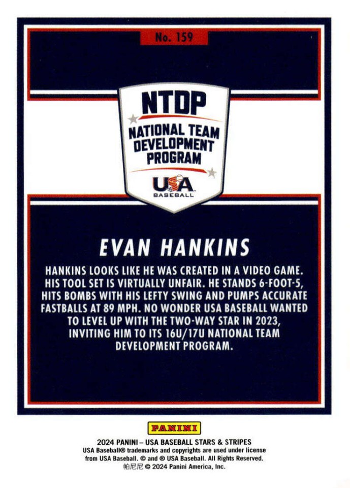 EVAN HANKINS RC 2024 Panini Stars and Stripes #159 Pre-ROOKIE Team USA ...