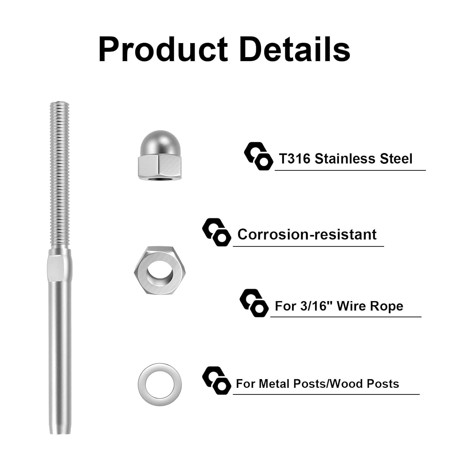 T316 Stainless Steel Swage Threaded Tensioner End Fittings 1/8" Cable ...